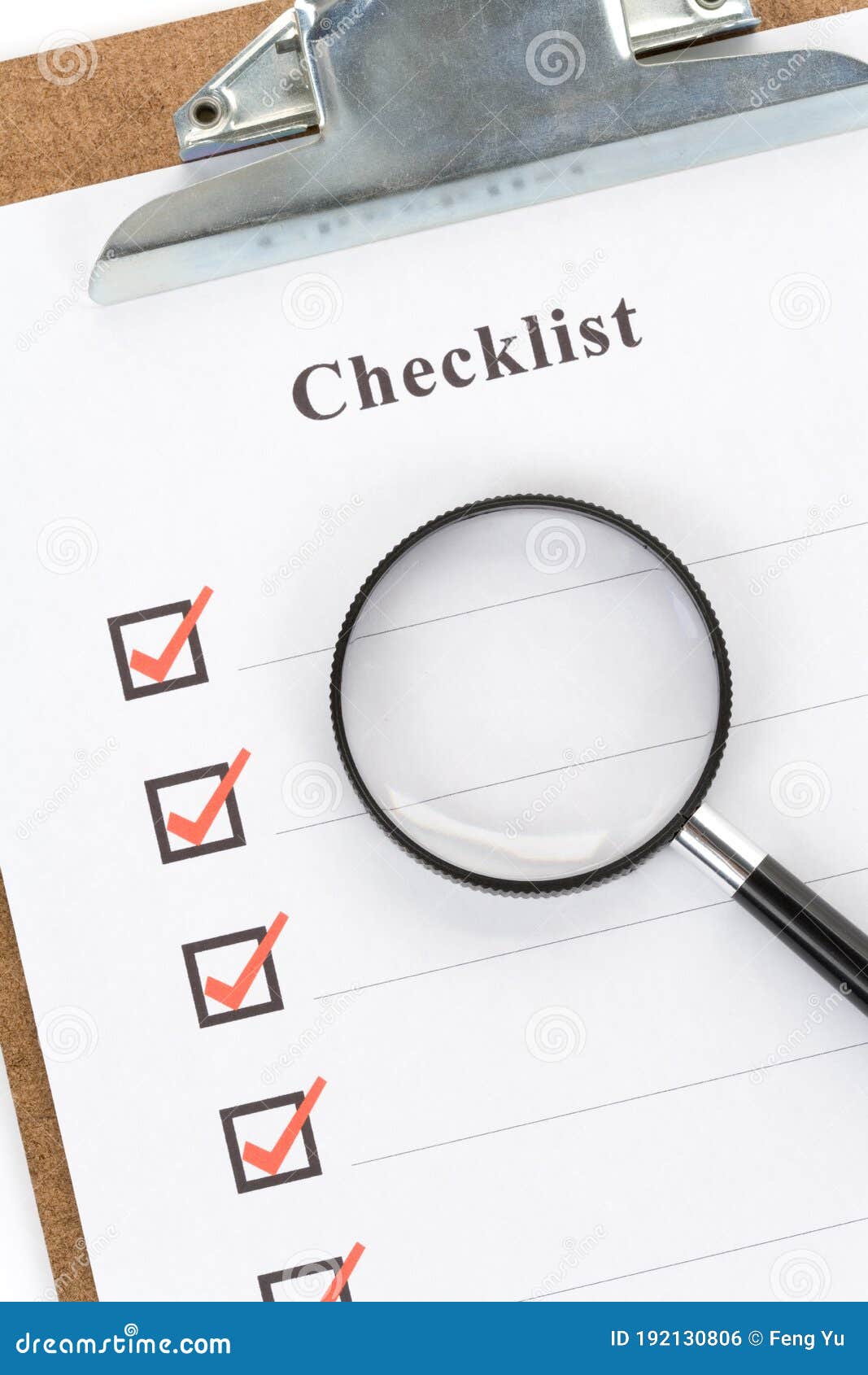 Checklist and magnifier stock photo. Image of blank - 192130806