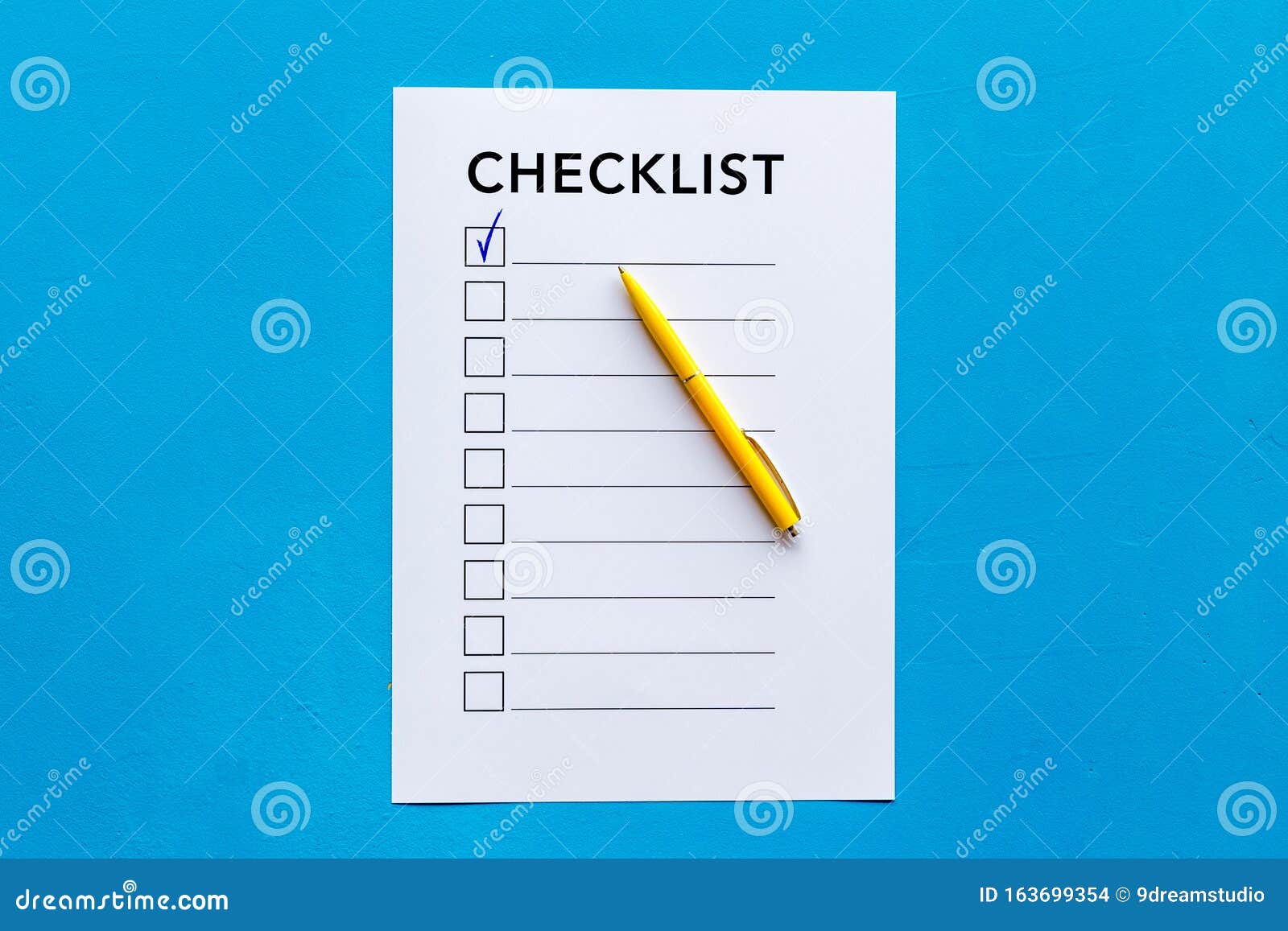 Checklist and Pen on Blue Background Top View Copy Space Stock Photo ...