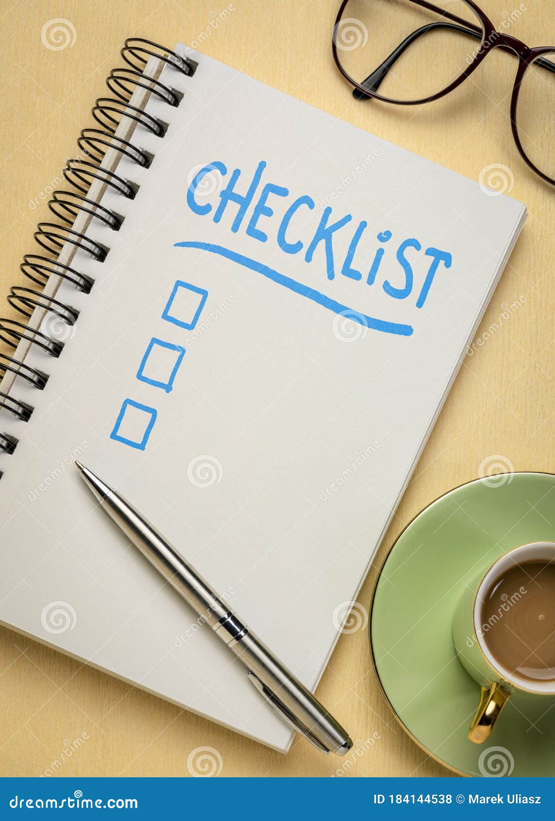 Checklist in Spiral Notebook with Coffee Stock Photo - Image of bark ...