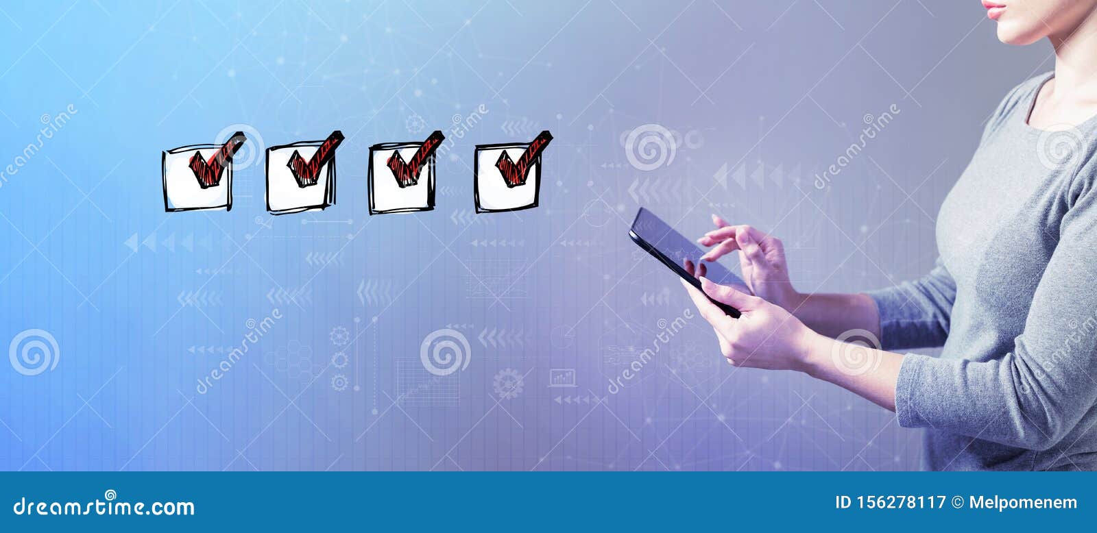 Checklist with Woman Using a Tablet Stock Image - Image of research ...