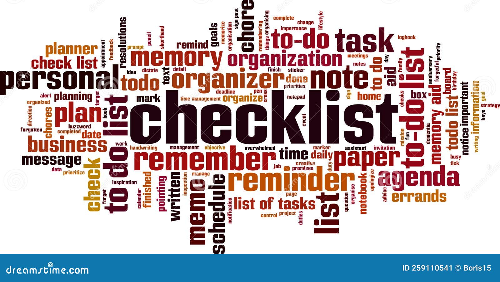 Checklist word cloud stock vector. Illustration of memo - 259110541