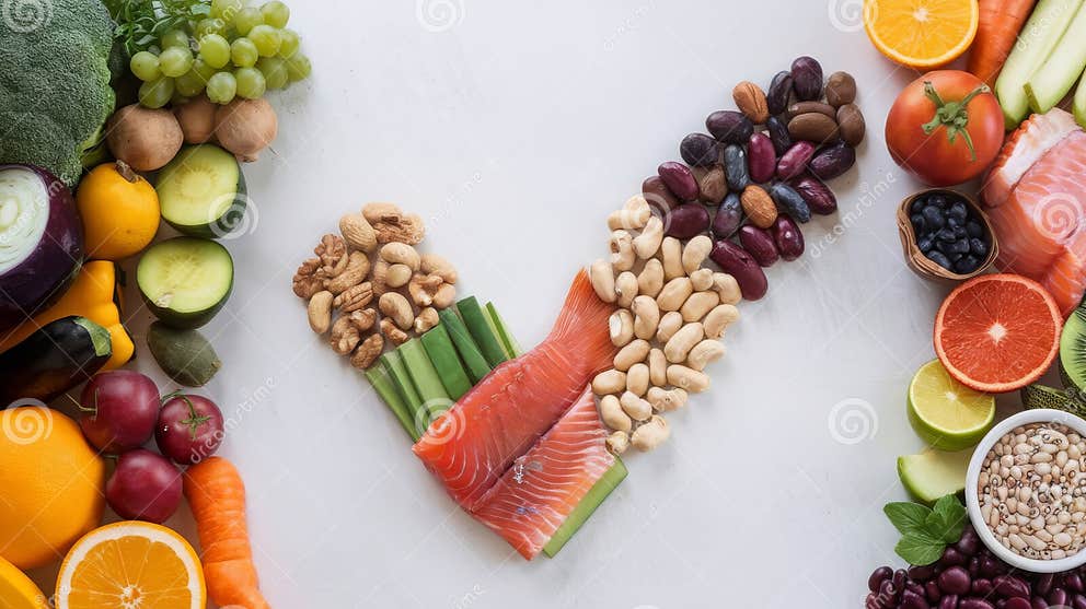 Checkmark Formed with Salmon, Nuts, and Vegetables Surrounded by Fresh ...