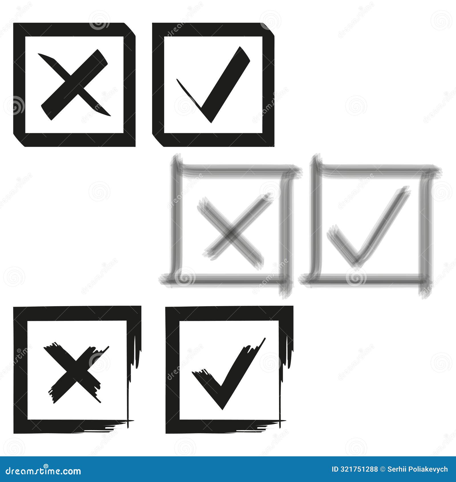 Checkmark and Cross Icons. Hand Drawn Style. Square Borders. Black and ...