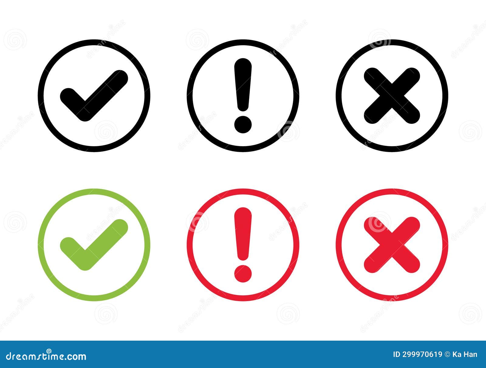 Checkmark, Exclamation and Cross Mark Icon on Circle Line. Check ...