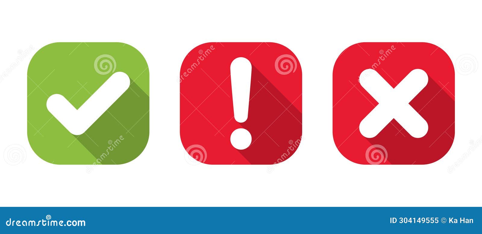 Checkmark, Exclamation, and Cross Mark Icon Vector with Long Shadow ...