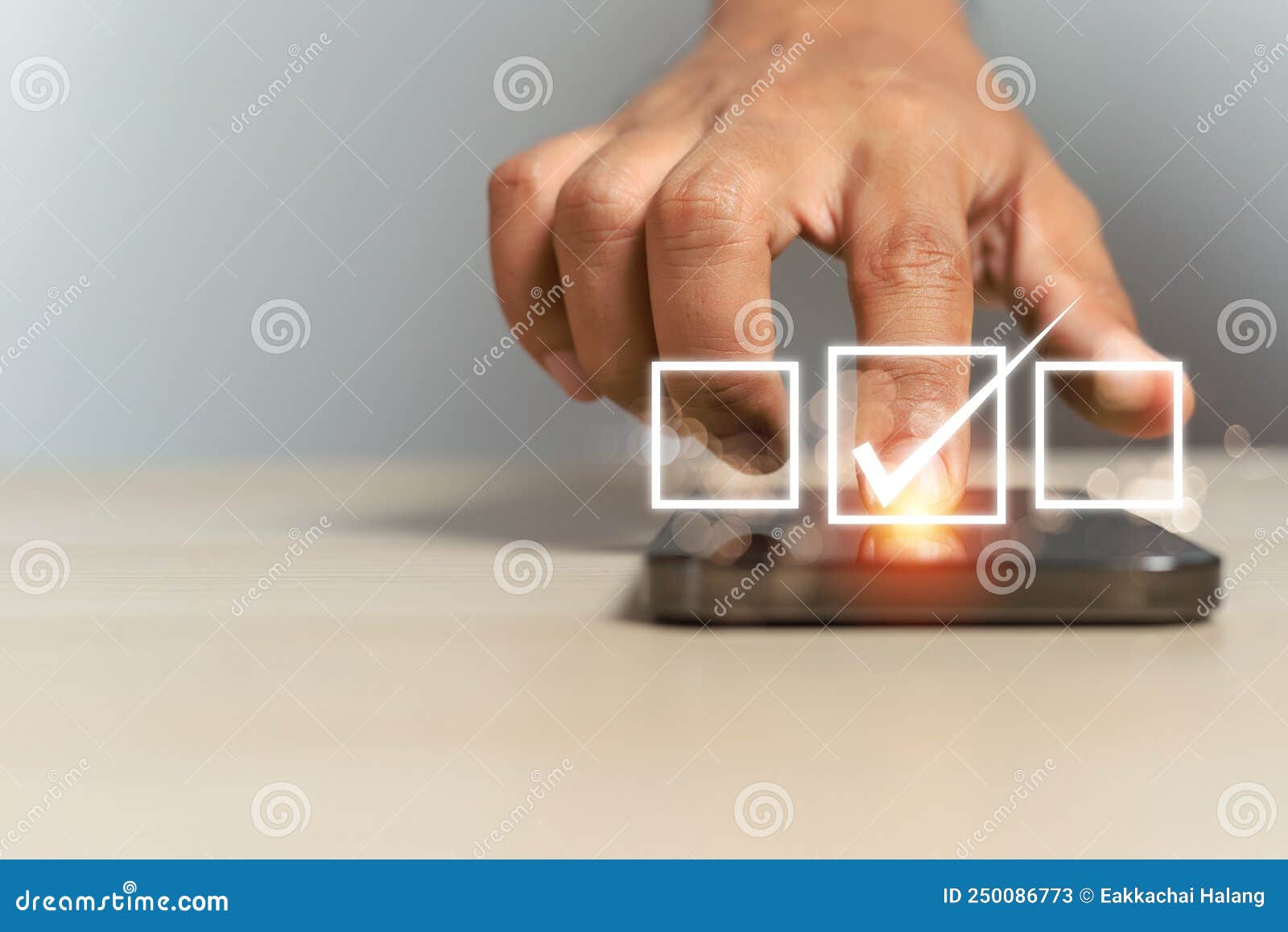 Checkmark and Voting Satisfaction Concept. Hand Finger on Smartphone ...
