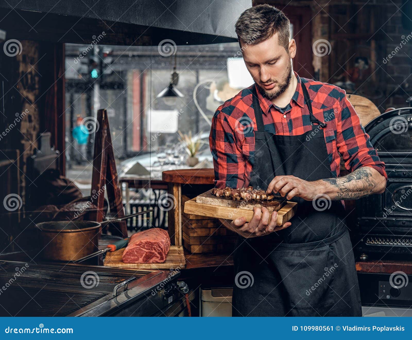 Cheef Cook Prepairing a Meat on a Kitchen. Stock Image - Image of bread ...