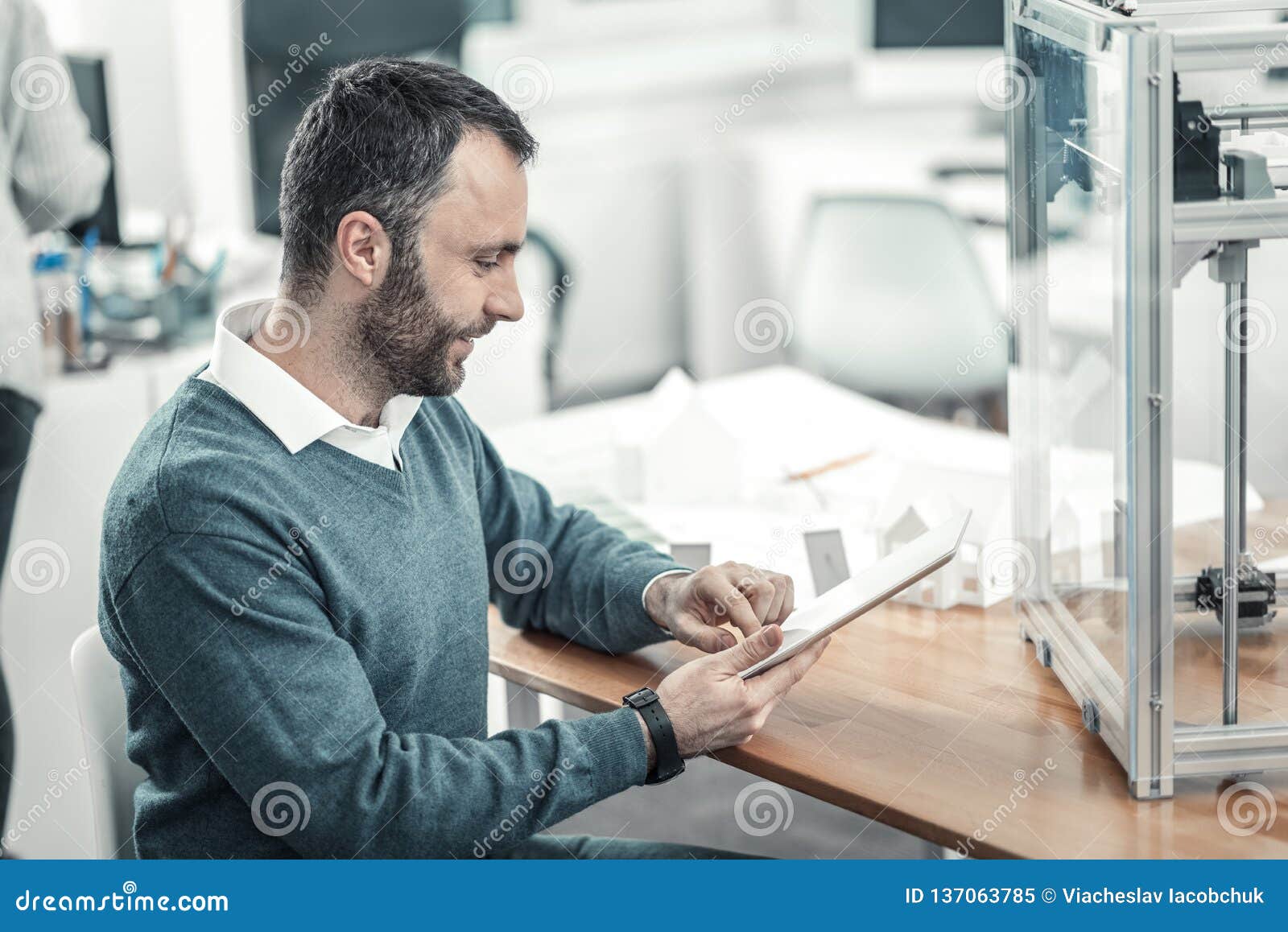 Cheerful Adult Positive Man Using Digital Technology Stock Image ...