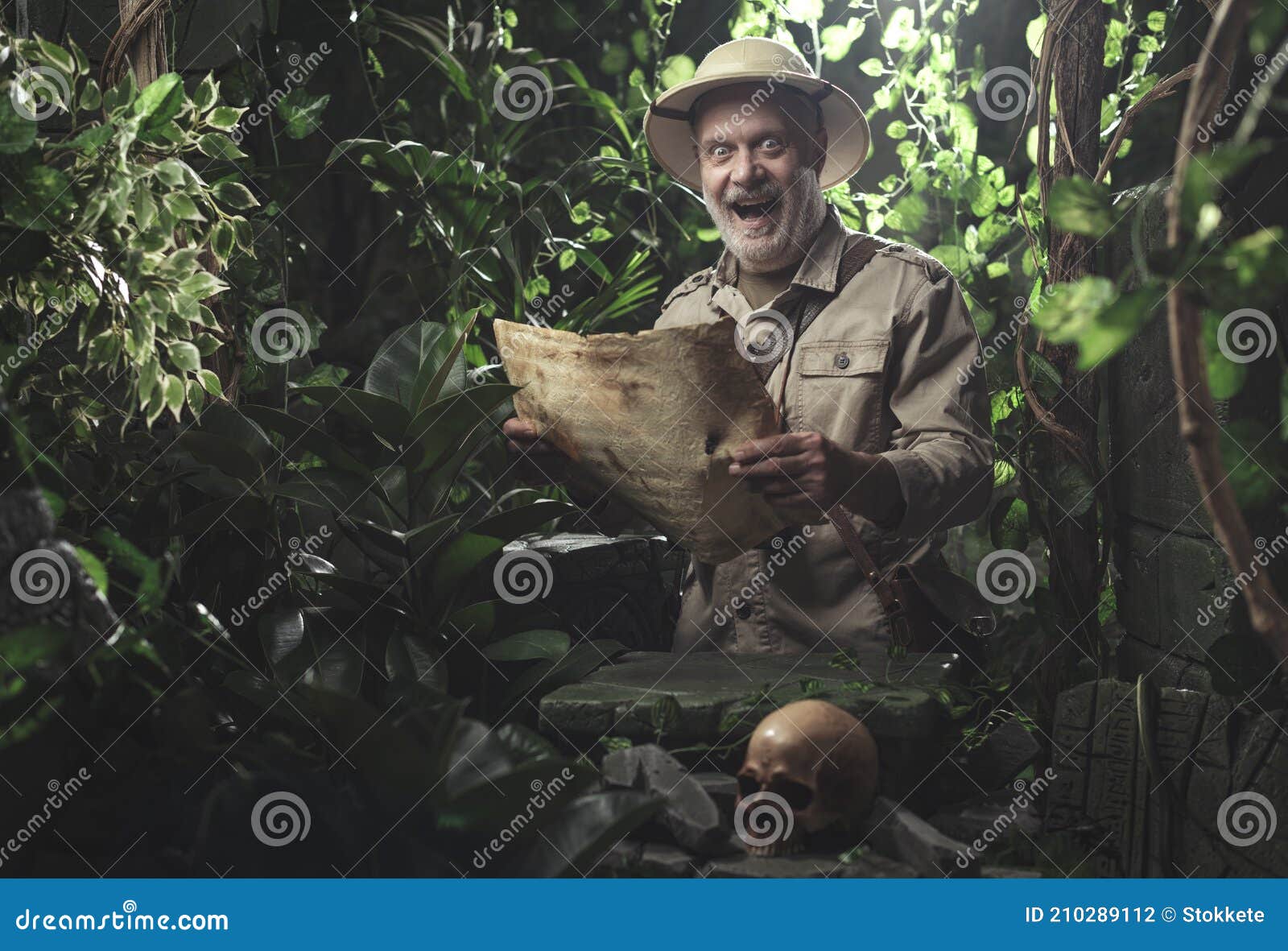 Happy Adventurer Exploring the Jungle with a Map Stock Photo - Image of ...
