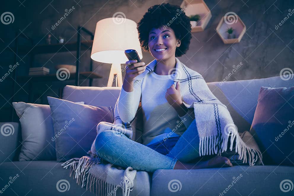 Cheerful Afro American Girl Having Free Time Watch Tv Film Hold Remote