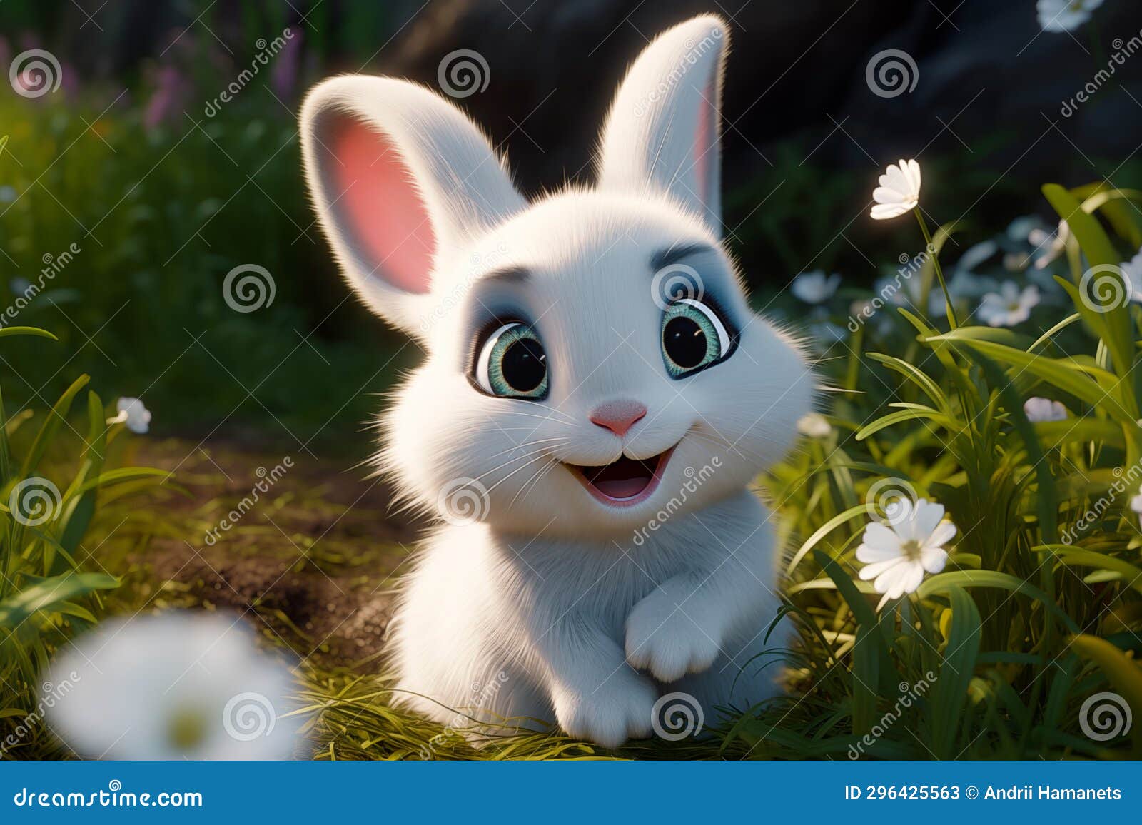 Cheerful Animated Bunny Sitting in a Sunny Meadow with Spring Flowers ...