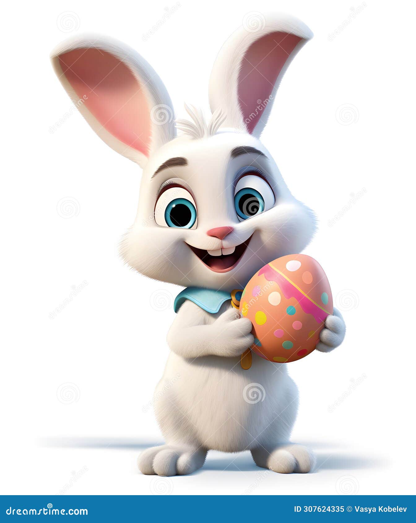 Joyful Cartoon Easter Bunny Holding a Colorful Egg on a White ...
