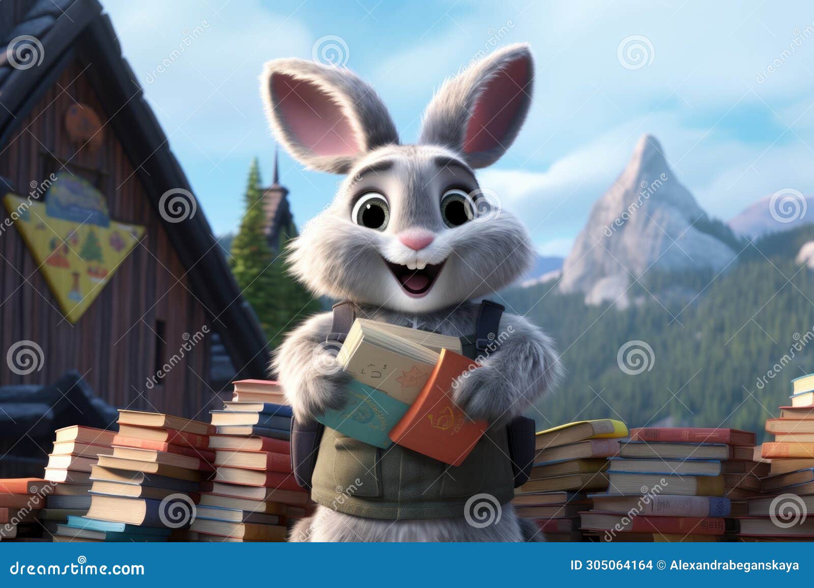 Animated Rabbit with Books stock illustration. Illustration of engaging ...