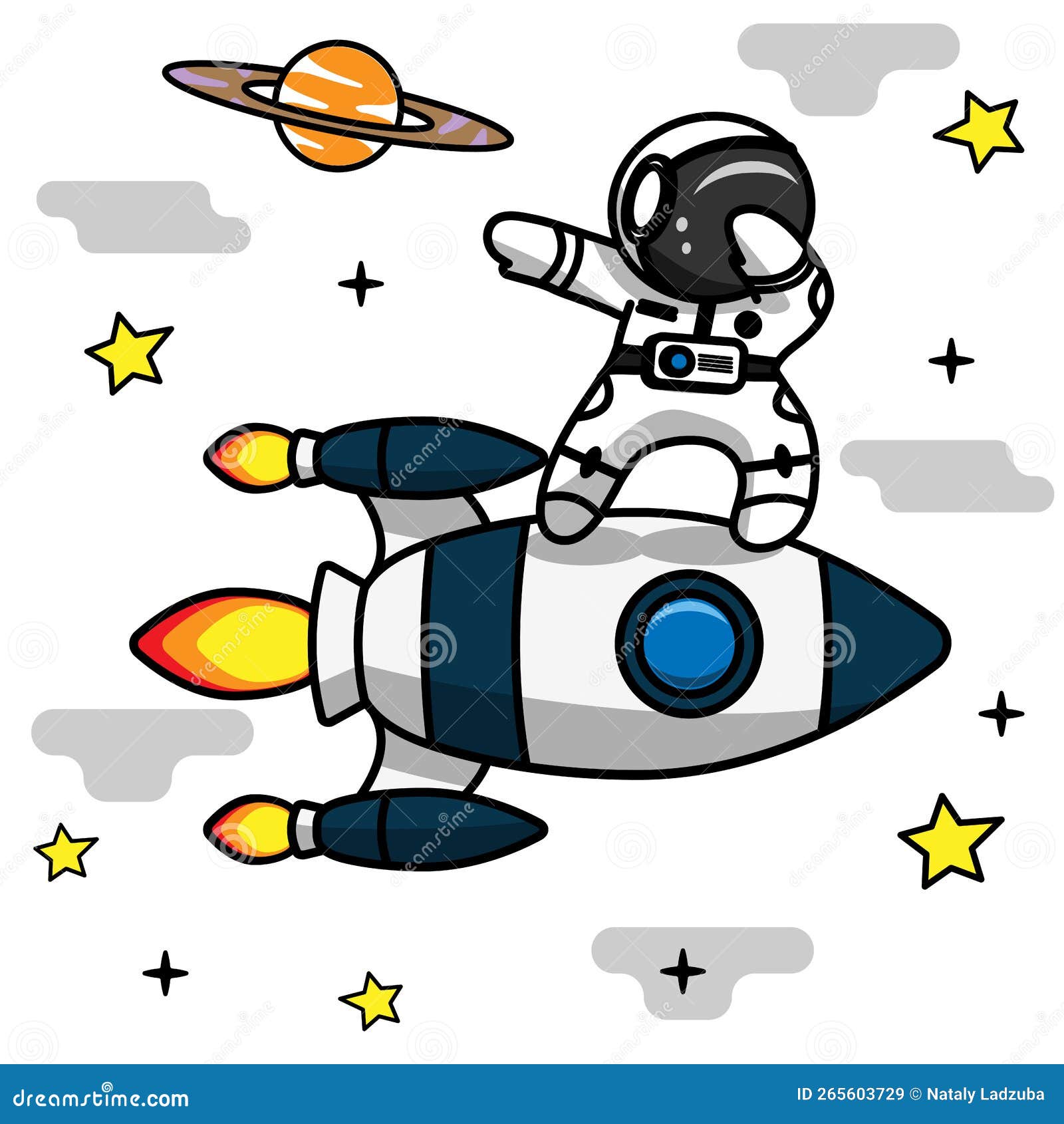 Cheerful Astronaut. Flies on a Spaceship and Flies by Planets Stock ...