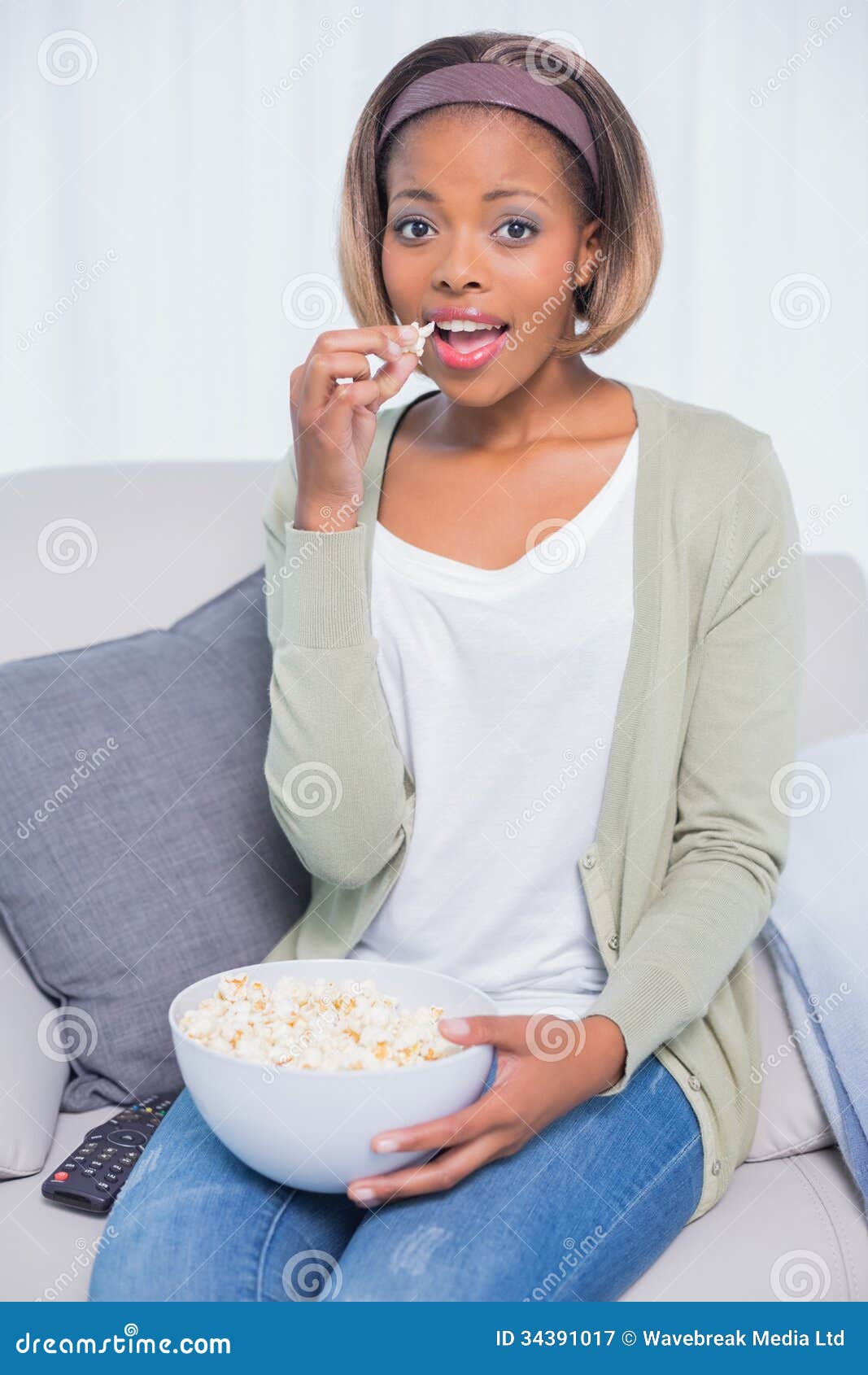 Cheerful Attractive Woman Eating Popcorn Stock Image - Image of couch ...