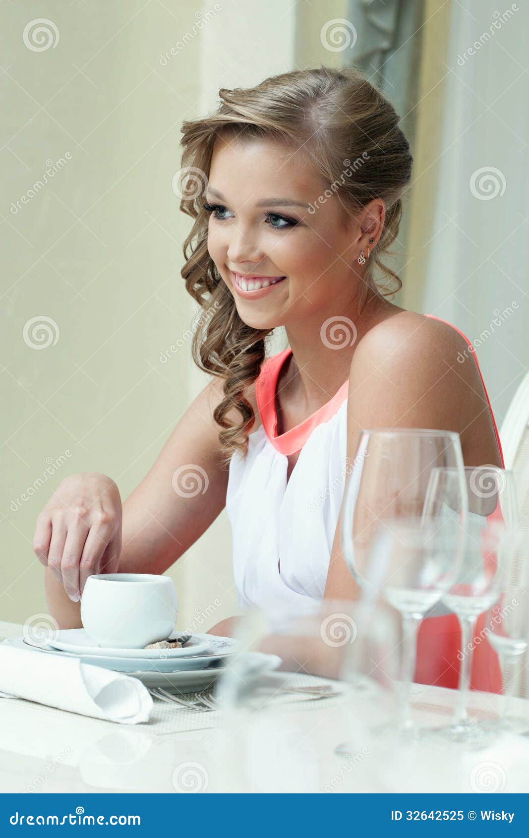 Cheerful Attractive Woman Posing at Table Stock Image - Image of ...