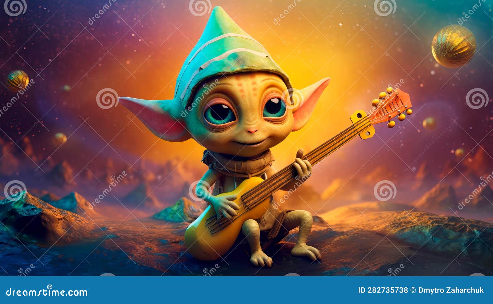 Cheerful Baby Alien Playing a Space Musical Instrument. Stock Photo ...