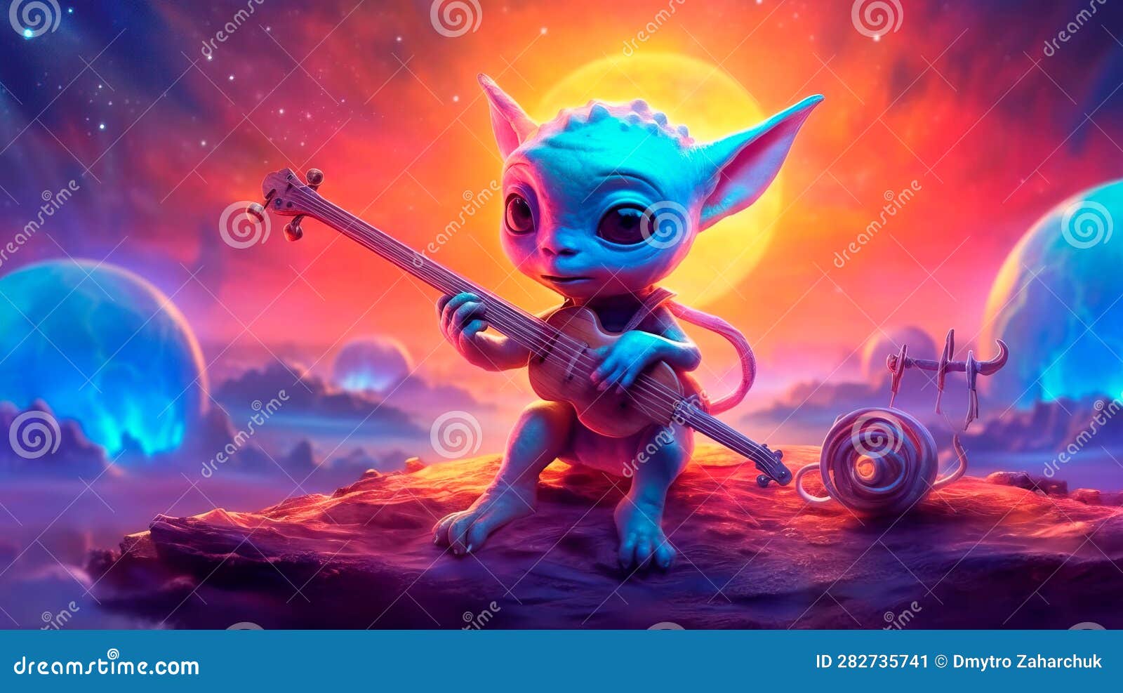 Cheerful Baby Alien Playing a Space Musical Instrument. Stock Image ...