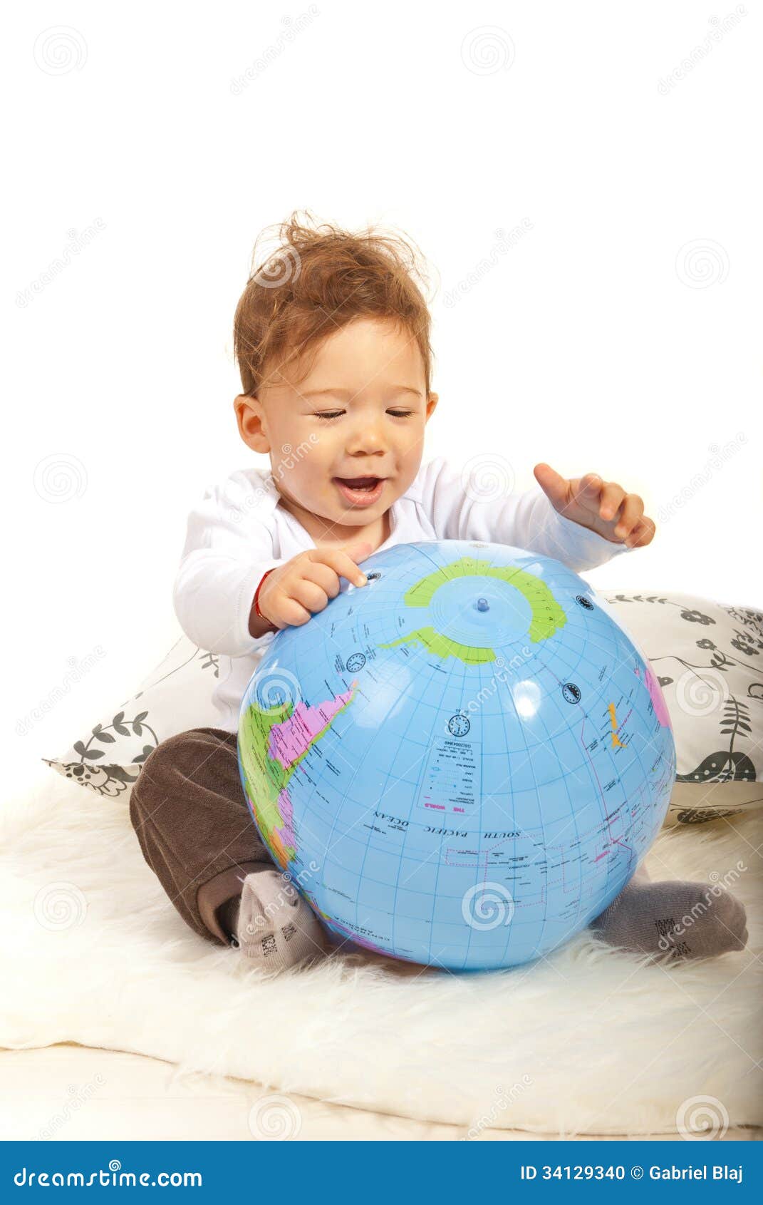 Cheerful Baby with Big World Globe Stock Photo - Image of looking ...