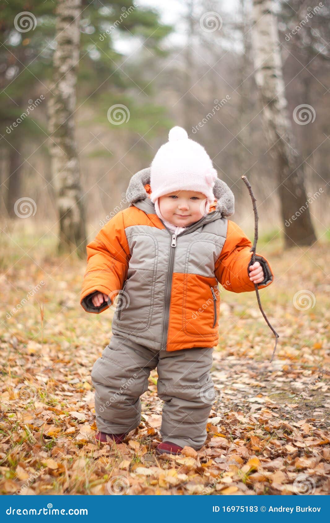 Cheerful Baby Walking in Forest with Branch Stock Image - Image of ...