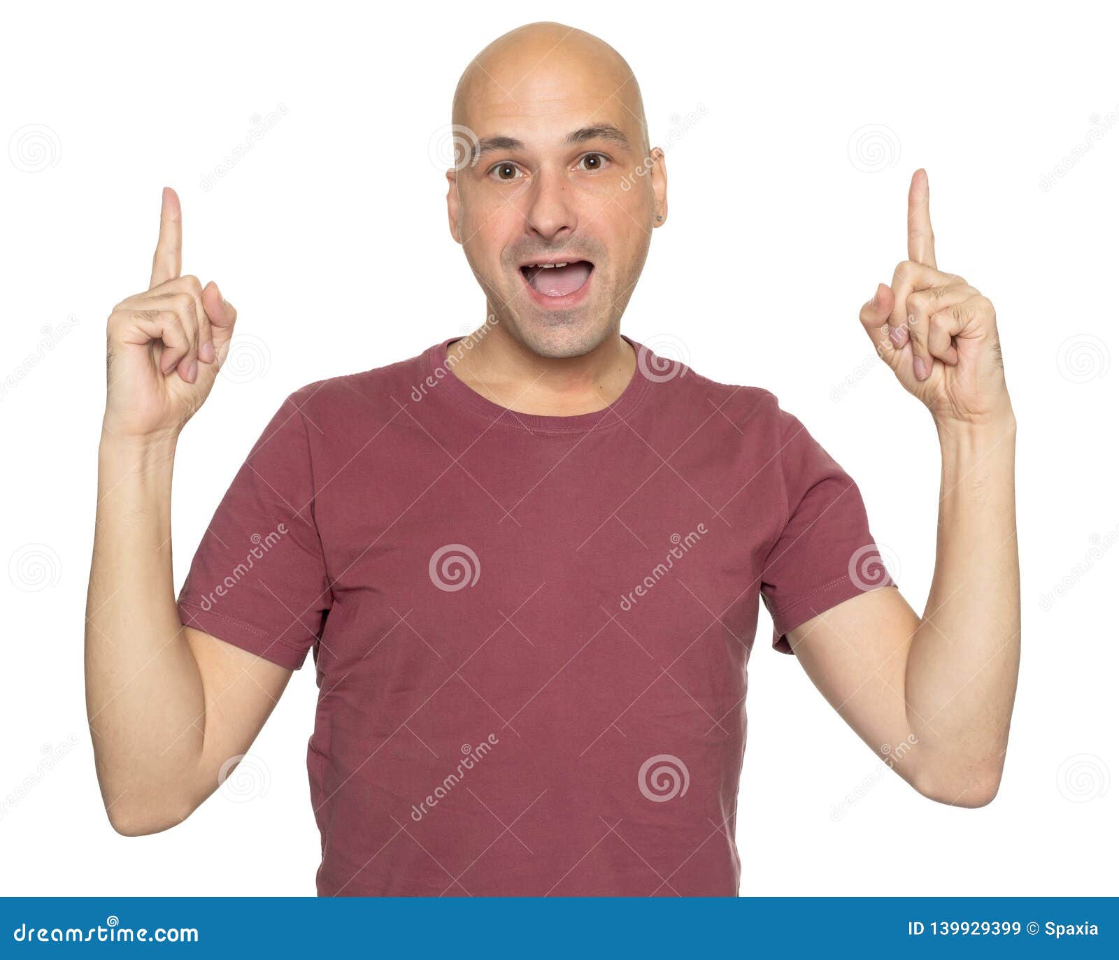 Cheerful Bald Guy Pointing His Fingers Up. Isolated Stock Image - Image ...