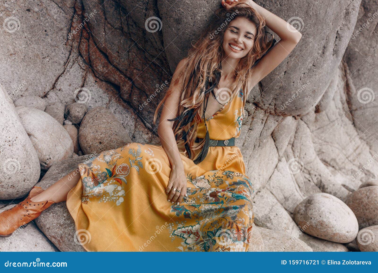 Cheerful Beautiful Young Boho Style Model on the Stone Beach Stock ...