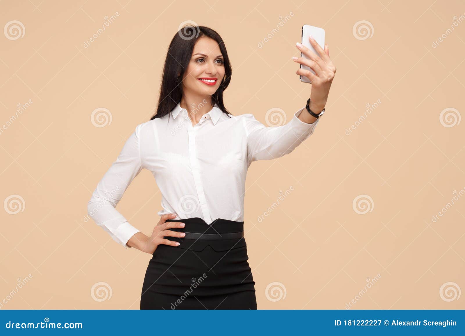 Cheerful Bright Young Modern Business Woman Take Selfie With Modern