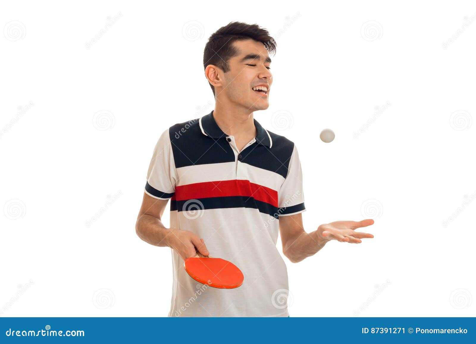 Cheerful Brunette Man Practicing Ping-pong Isolated on White Background ...
