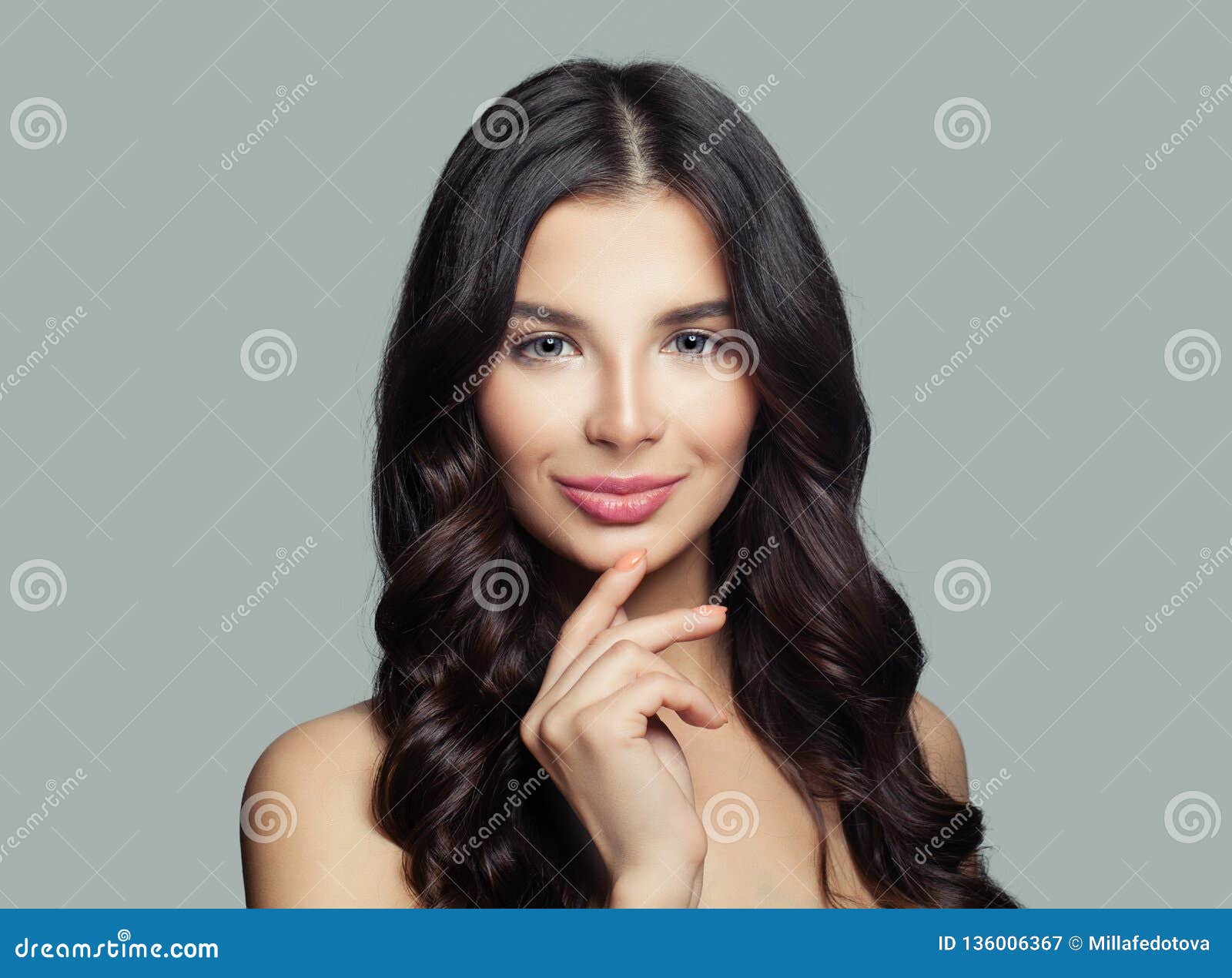 Cheerful Brunette Woman Smiling Beautiful Girl With Long Hair And Cute