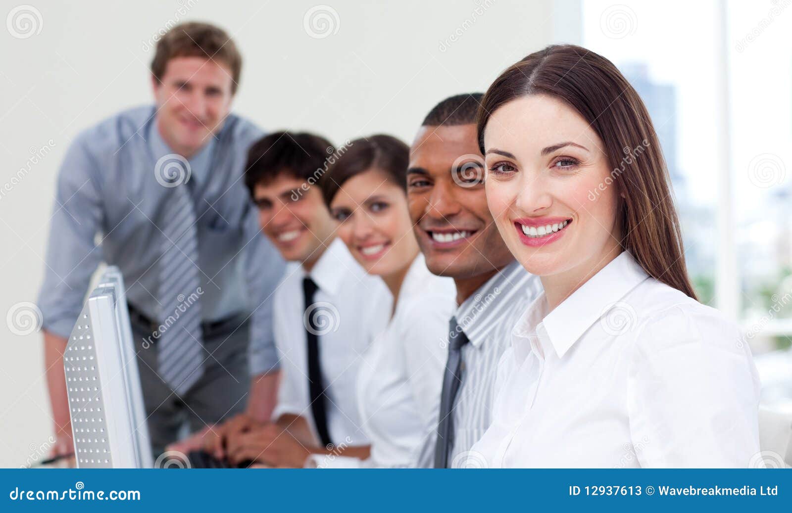 Cheerful Business Team Working at Computer Stock Image - Image of group ...