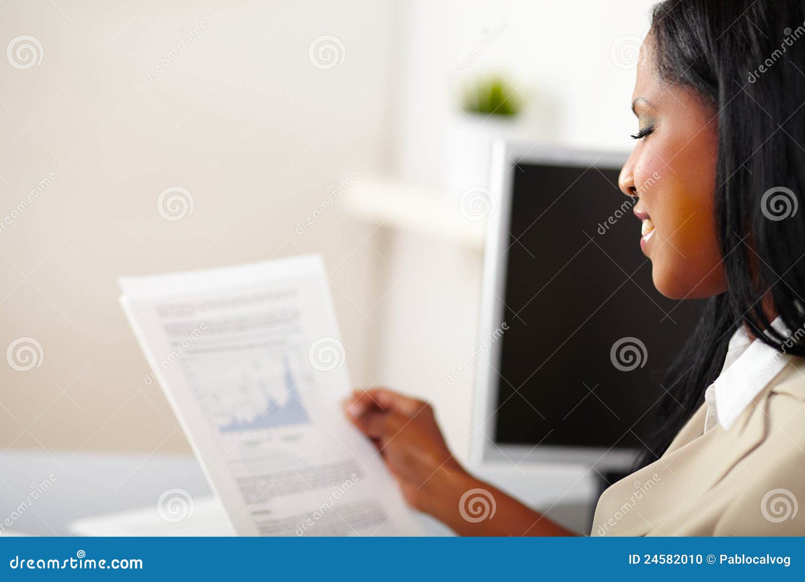 Cheerful Business Woman Reading Documents Stock Photo - Image of ...