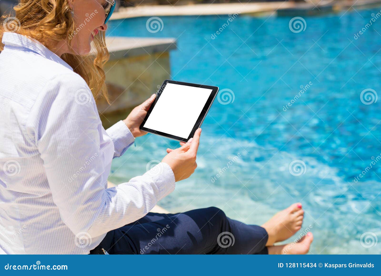 Business Woman Using Tablet Computer by the Pool Stock Photo - Image of ... Business Woman Using Tablet Computer by the Pool Stock Photo - Image of ...