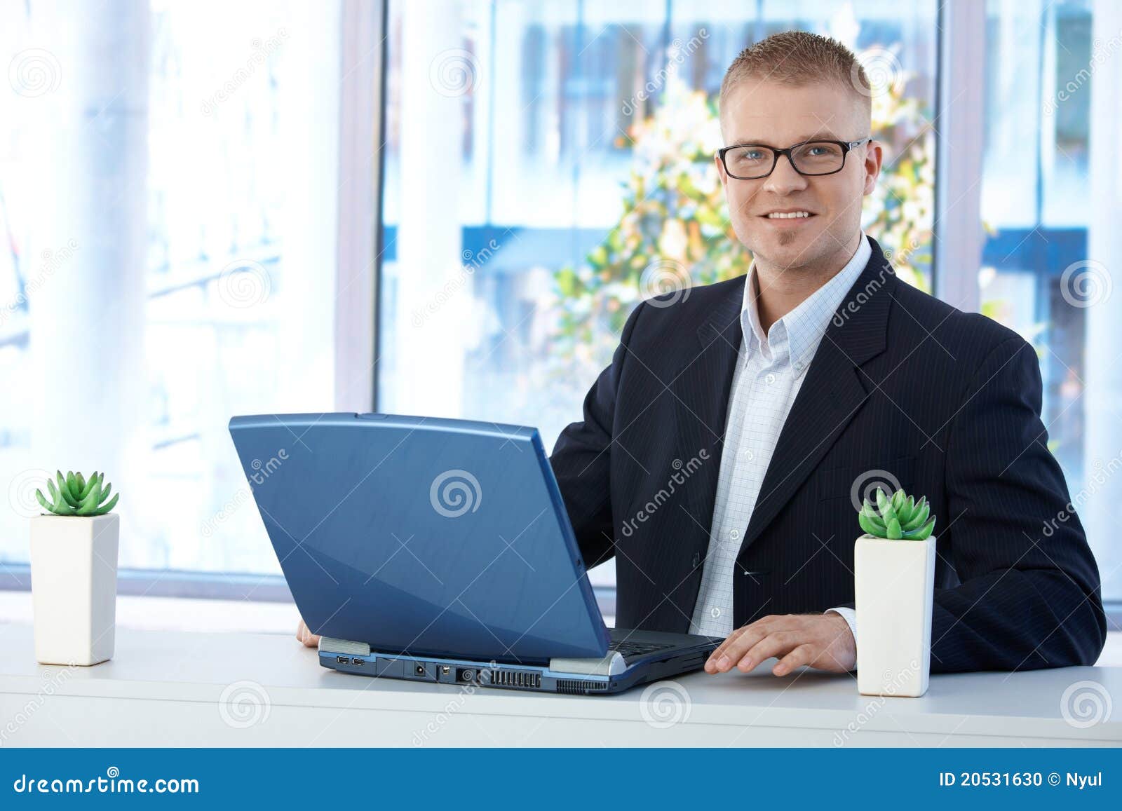 Cheerful Businessman in Office Stock Photo - Image of horizontal ...