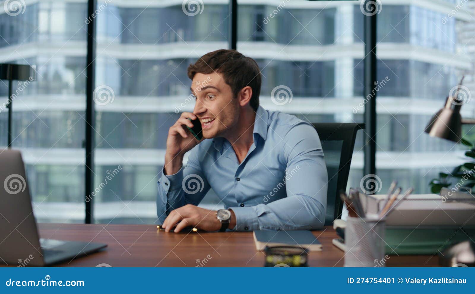Cheerful Businessman Talking Mobile Phone Emotionally Worker Rejoicing