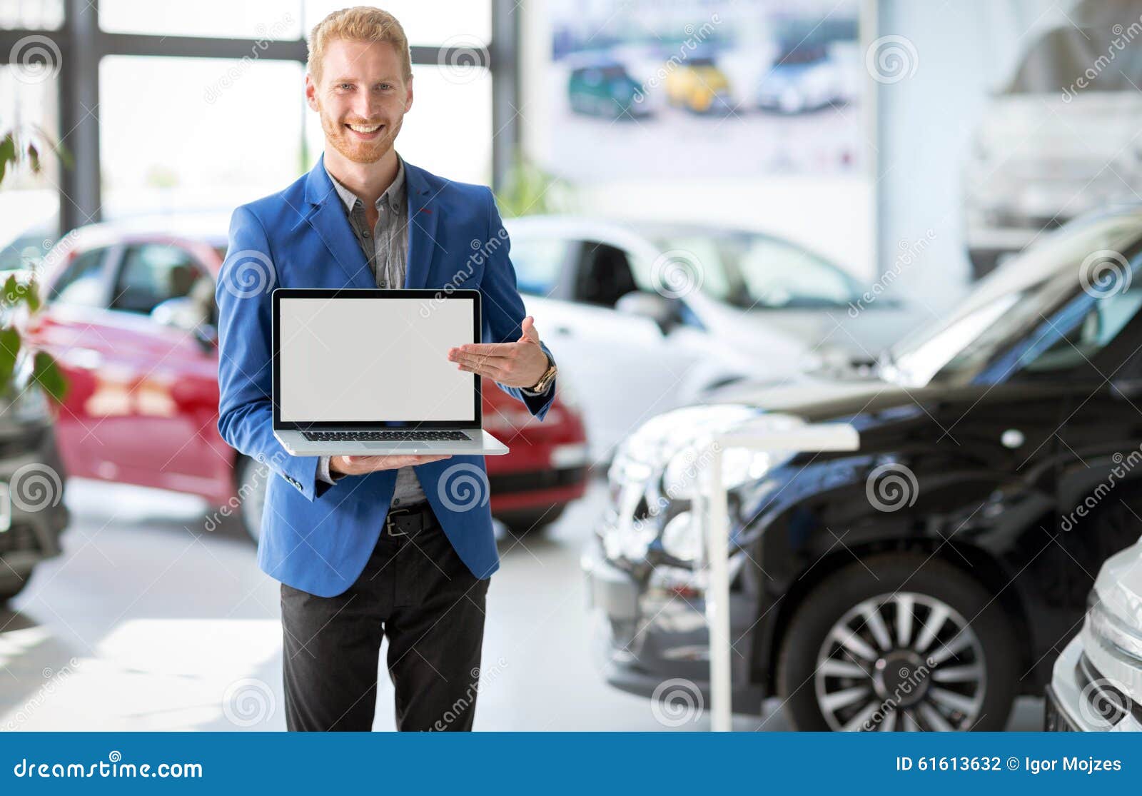 Cheerful Car Agent Pointing in the Laptop Stock Photo - Image of copy ...