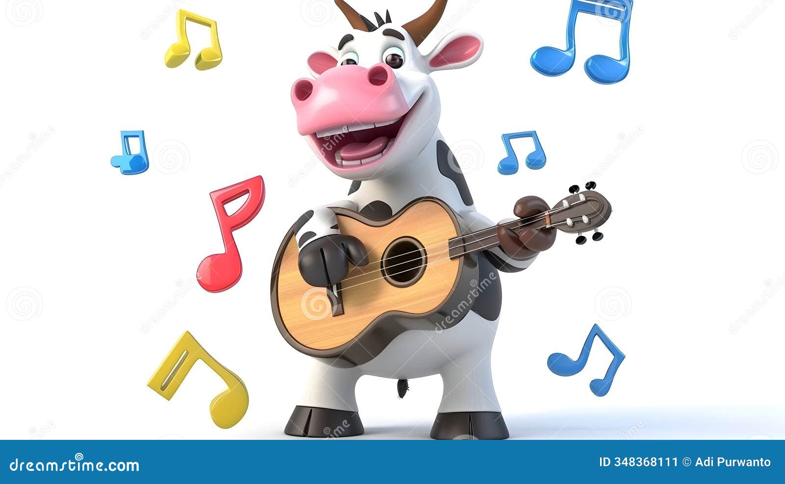 A Cheerful Cartoon Cow Playing a Guitar Surrounded by Musical Notes ...