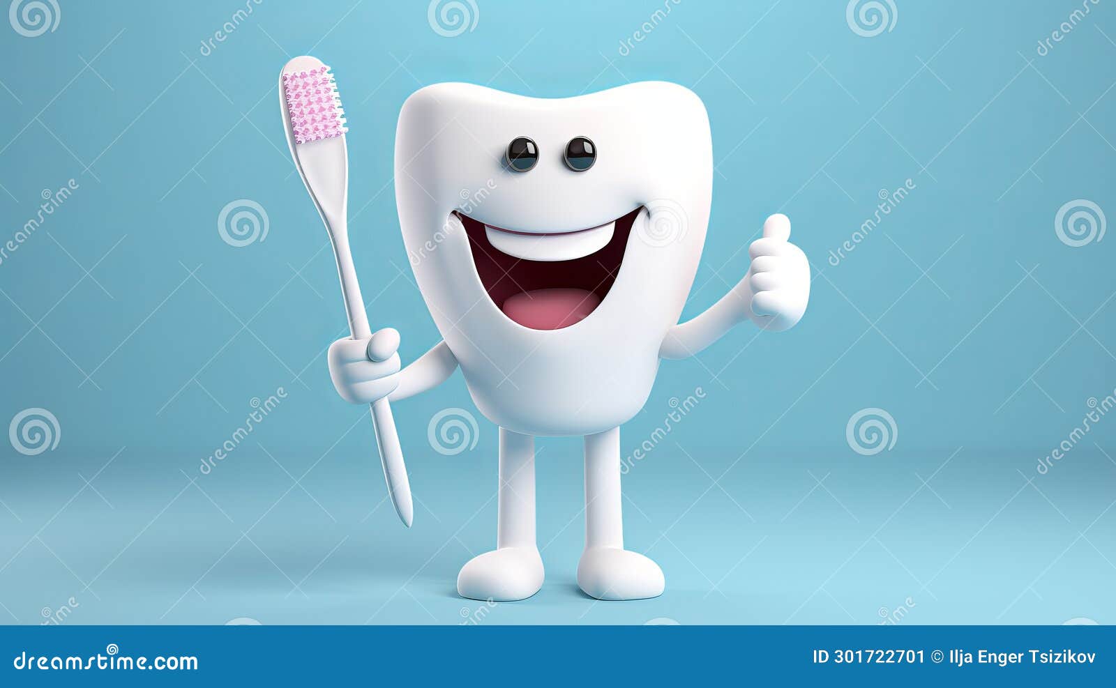 Cheerful Cartoon Tooth with Clean Teeth, Holding a Toothbrush on Blue ...