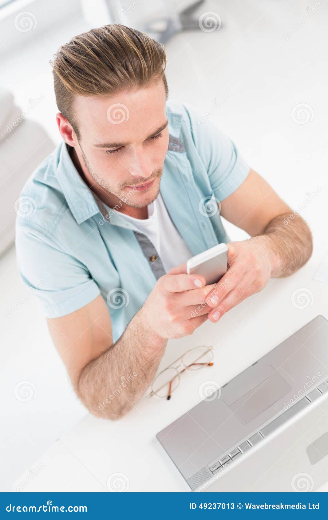 Cheerful Casual Businessman Text Messaging Stock Image - Image of glass ...