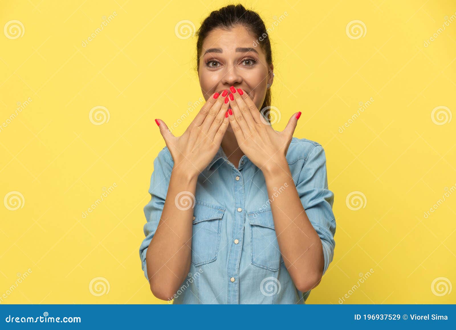 Cheerful Casual Woman Covering Her Mouth with Both Hands Stock Image ... Cheerful Casual Woman Covering Her Mouth with Both Hands Stock Image ...