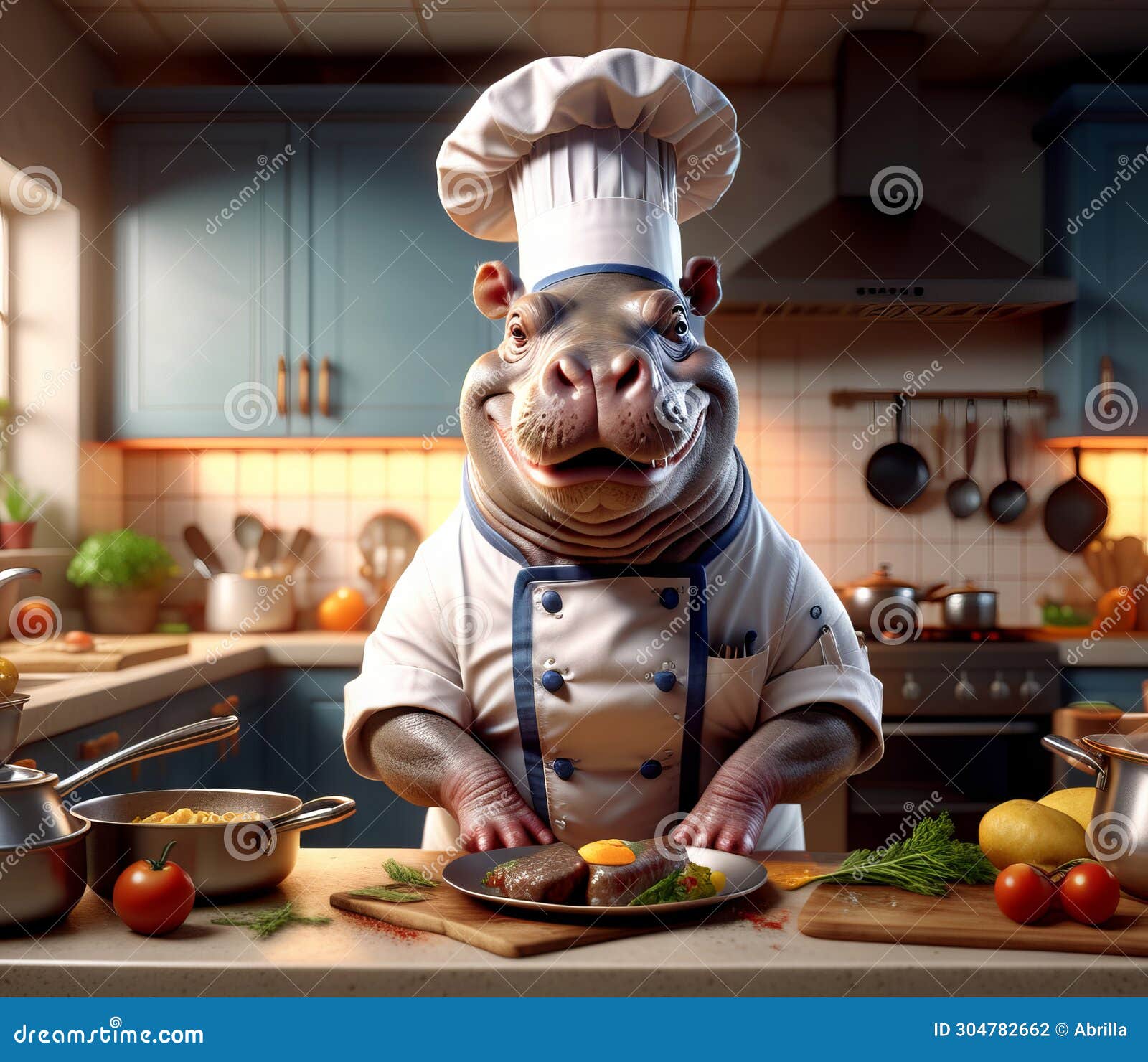 Cheerful Chef Hippopotamus Preparing in the Kitchen Stock Illustration ...