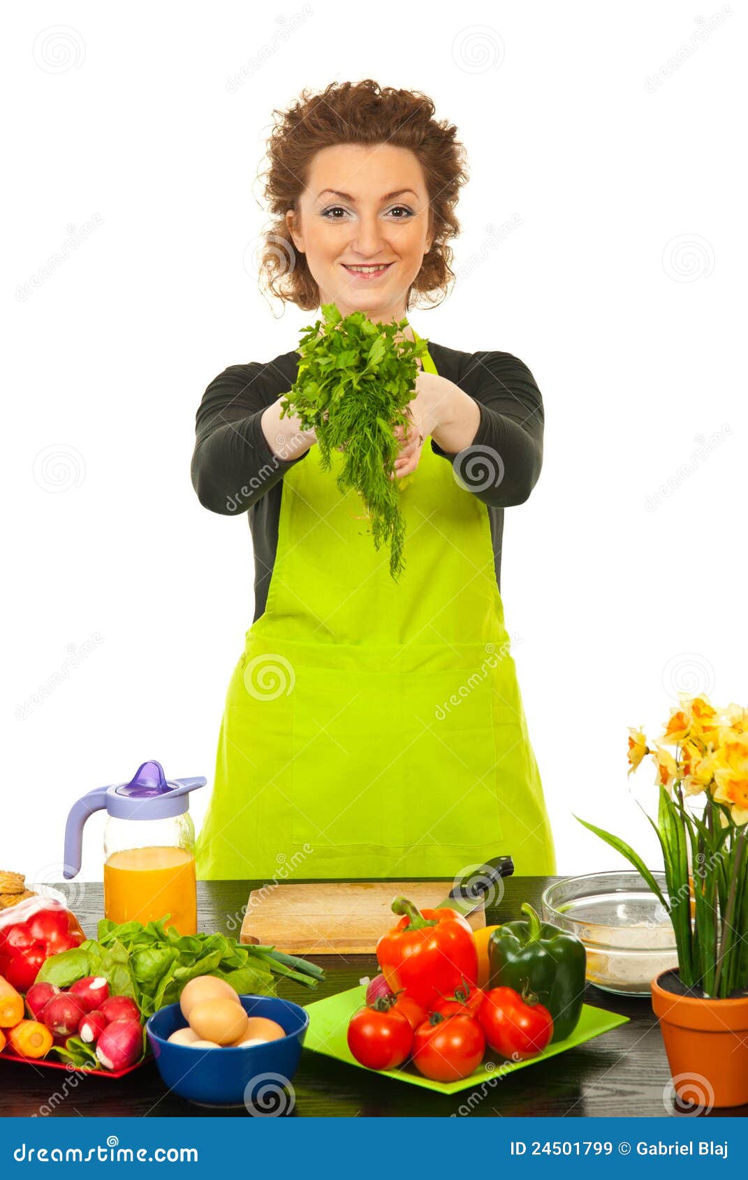Cheerful Chef Woman Giving Herbs Stock Image - Image of happiness, dill ...