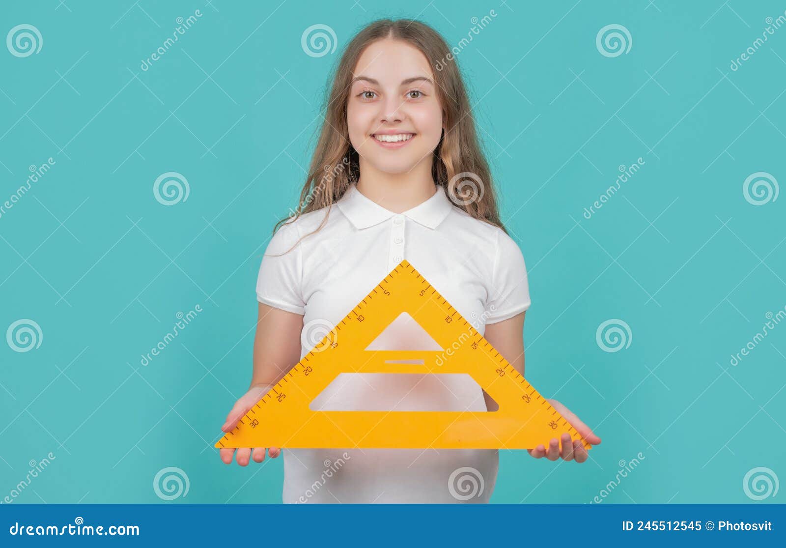 Cheerful Child with Math Triangle Measuring Tool Stock Image - Image of ...