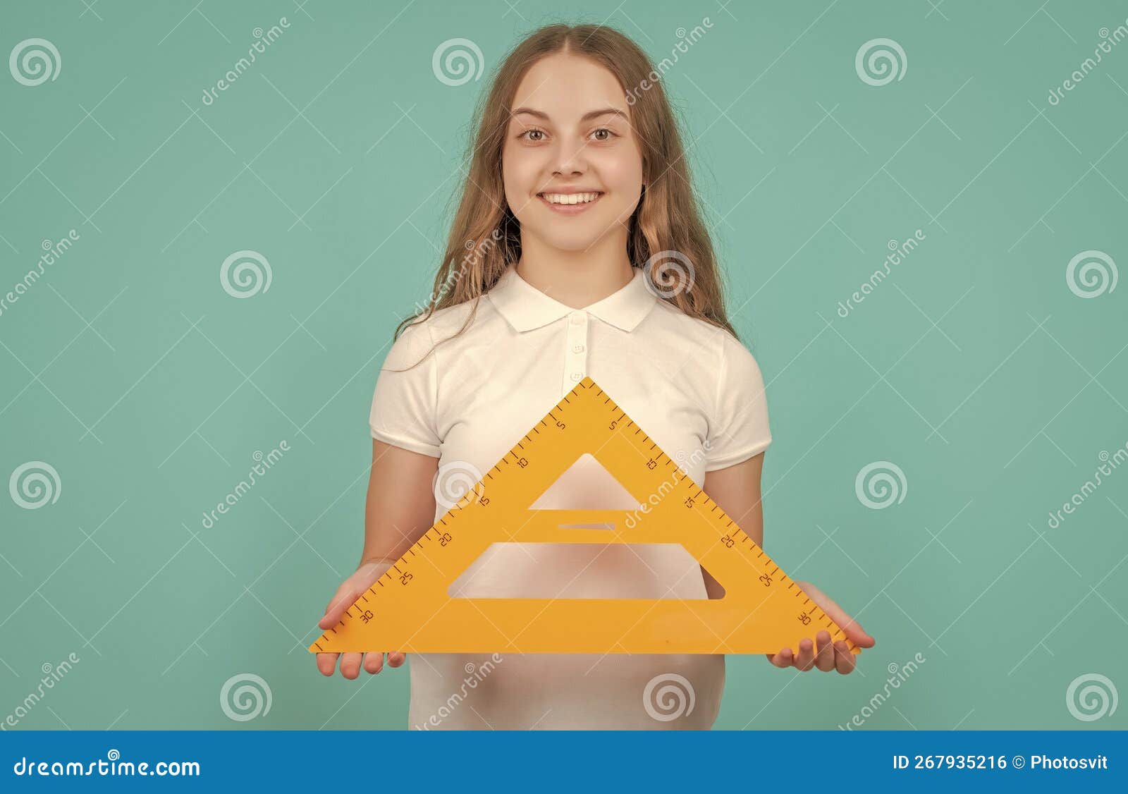 Cheerful Child with Math Triangle Measuring Tool Stock Photo - Image of ...