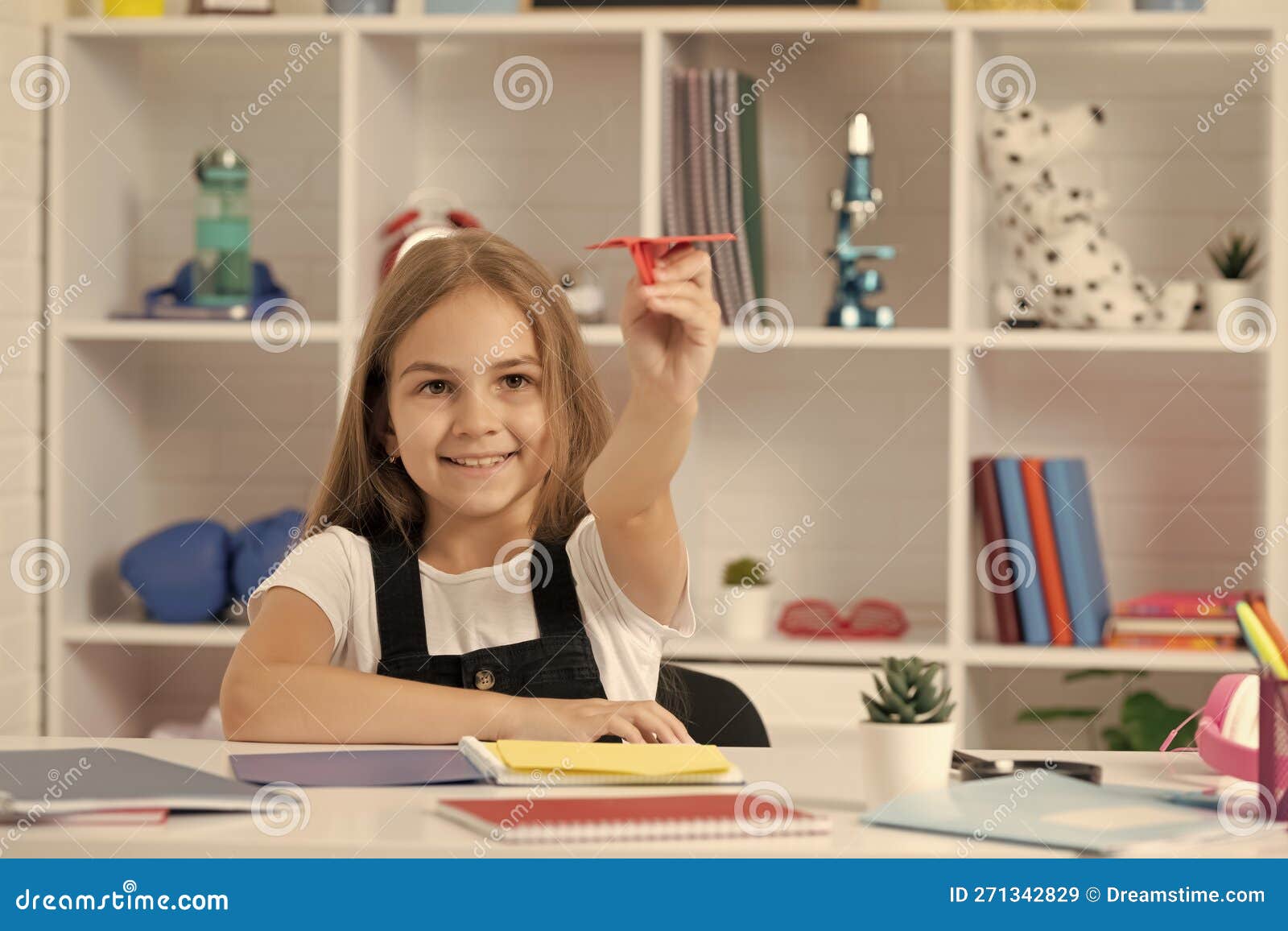 Cheerful Child Play with Paper Plane in School Classroom Stock Image ...