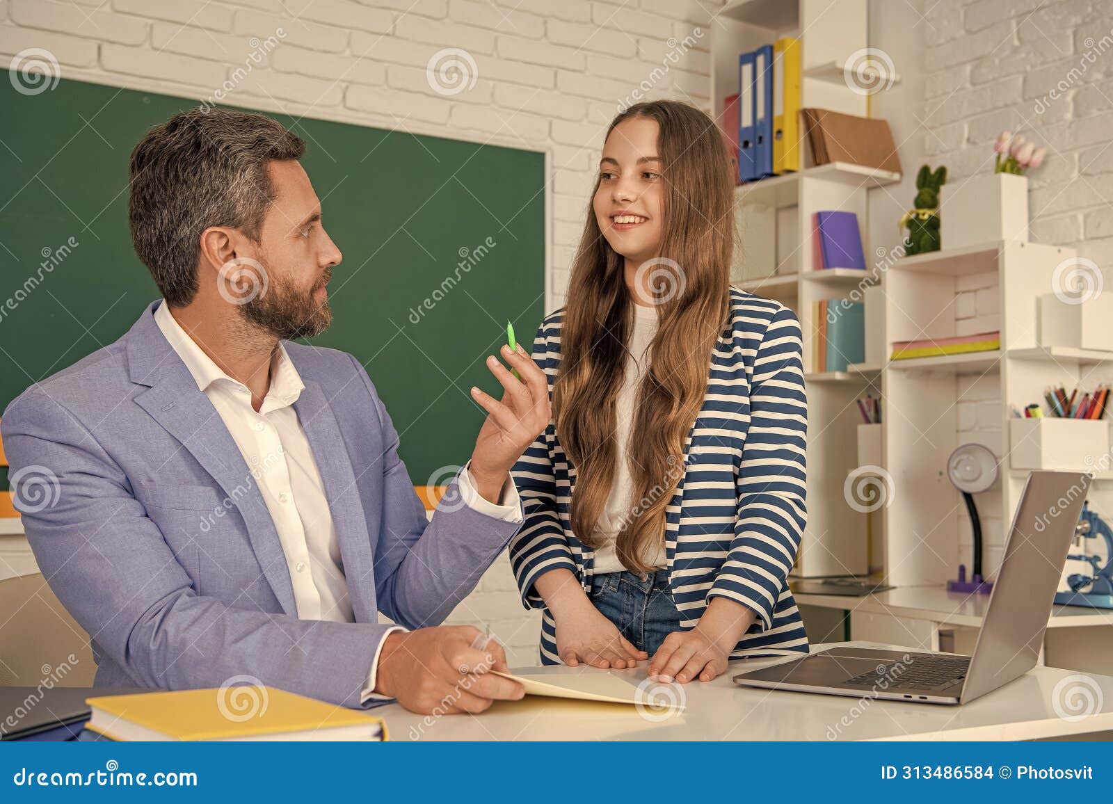 Cheerful Child Study in Classroom with Teacher Stock Photo - Image of ...