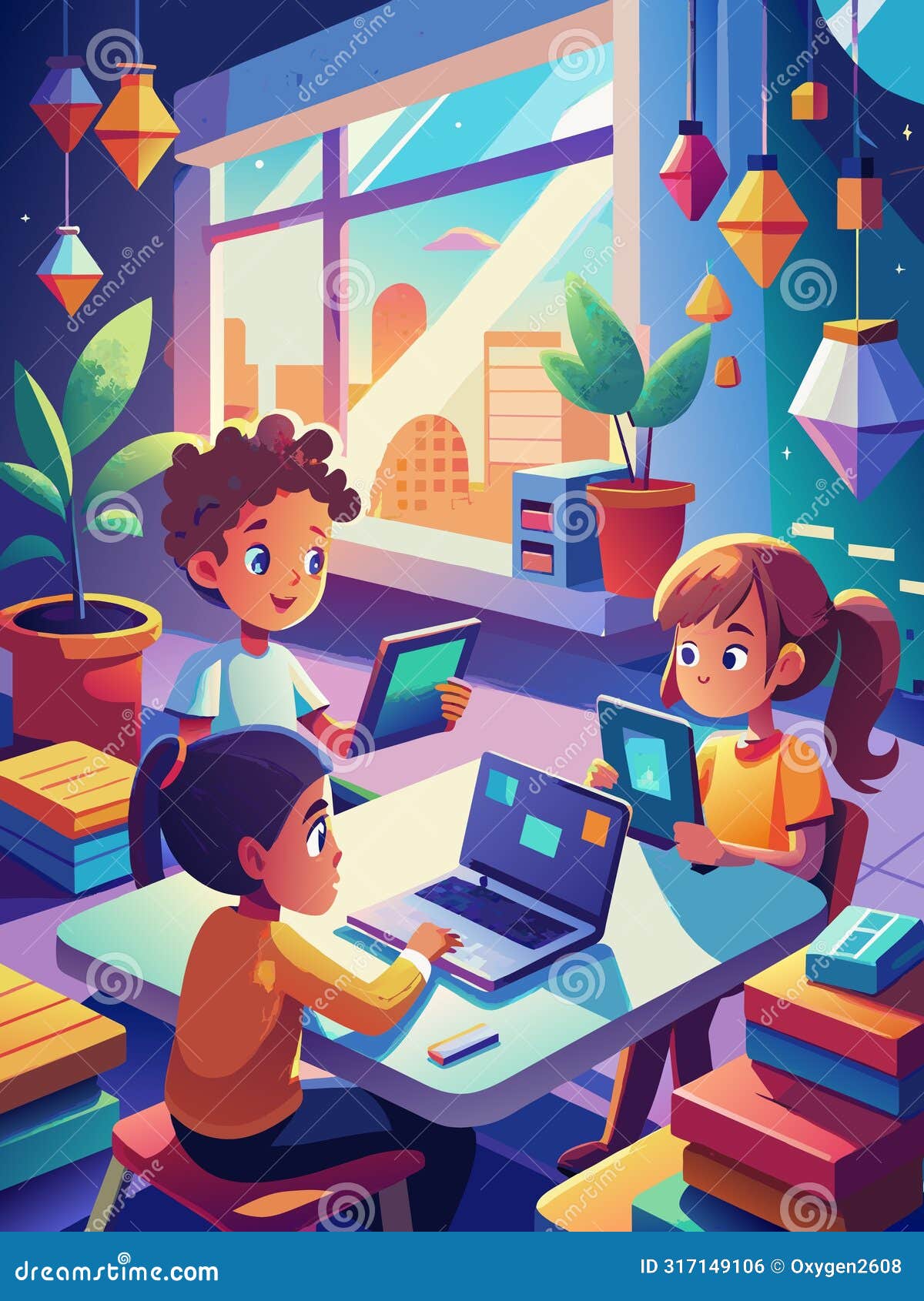 Cheerful Children Engaged in Creative Digital Learning at Dusk Stock ...