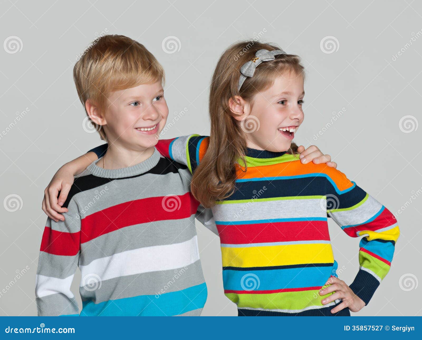 Cheerful Children on the Grey Background Stock Image - Image of brother ...