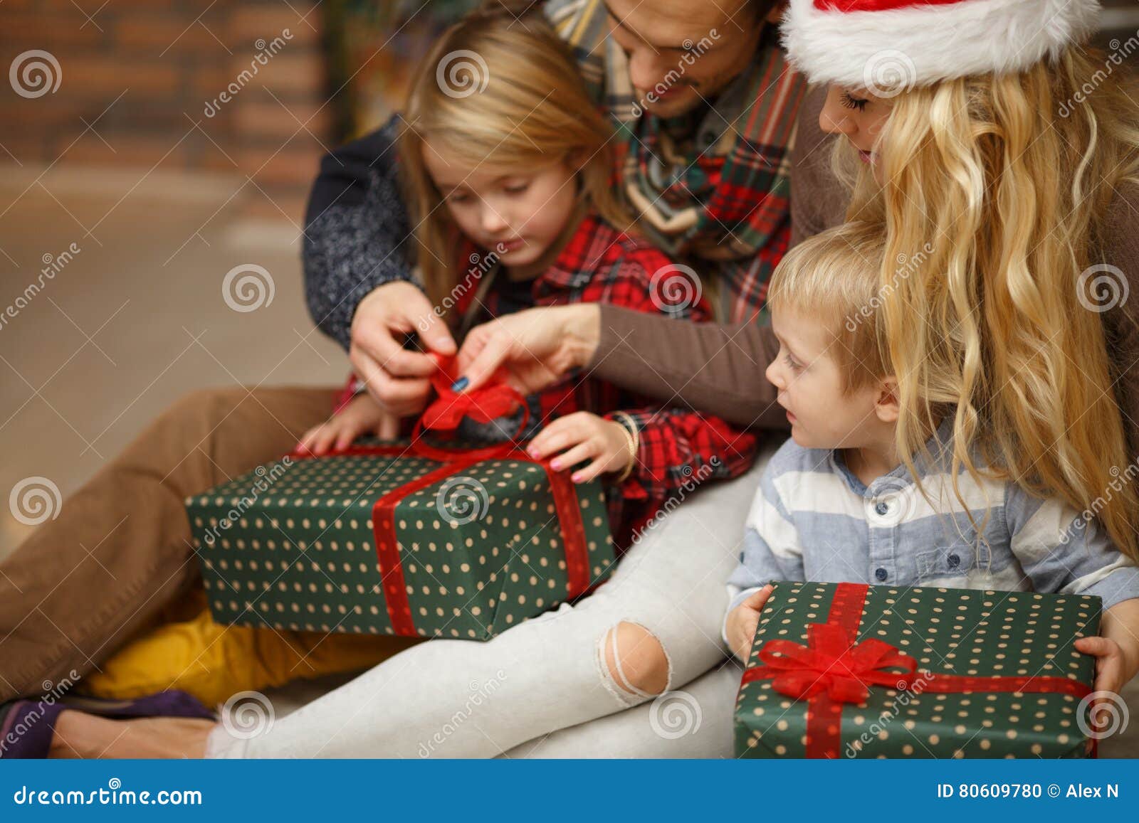 Cheerful Children Open Christmas Gifts Stock Photo - Image of discover ...