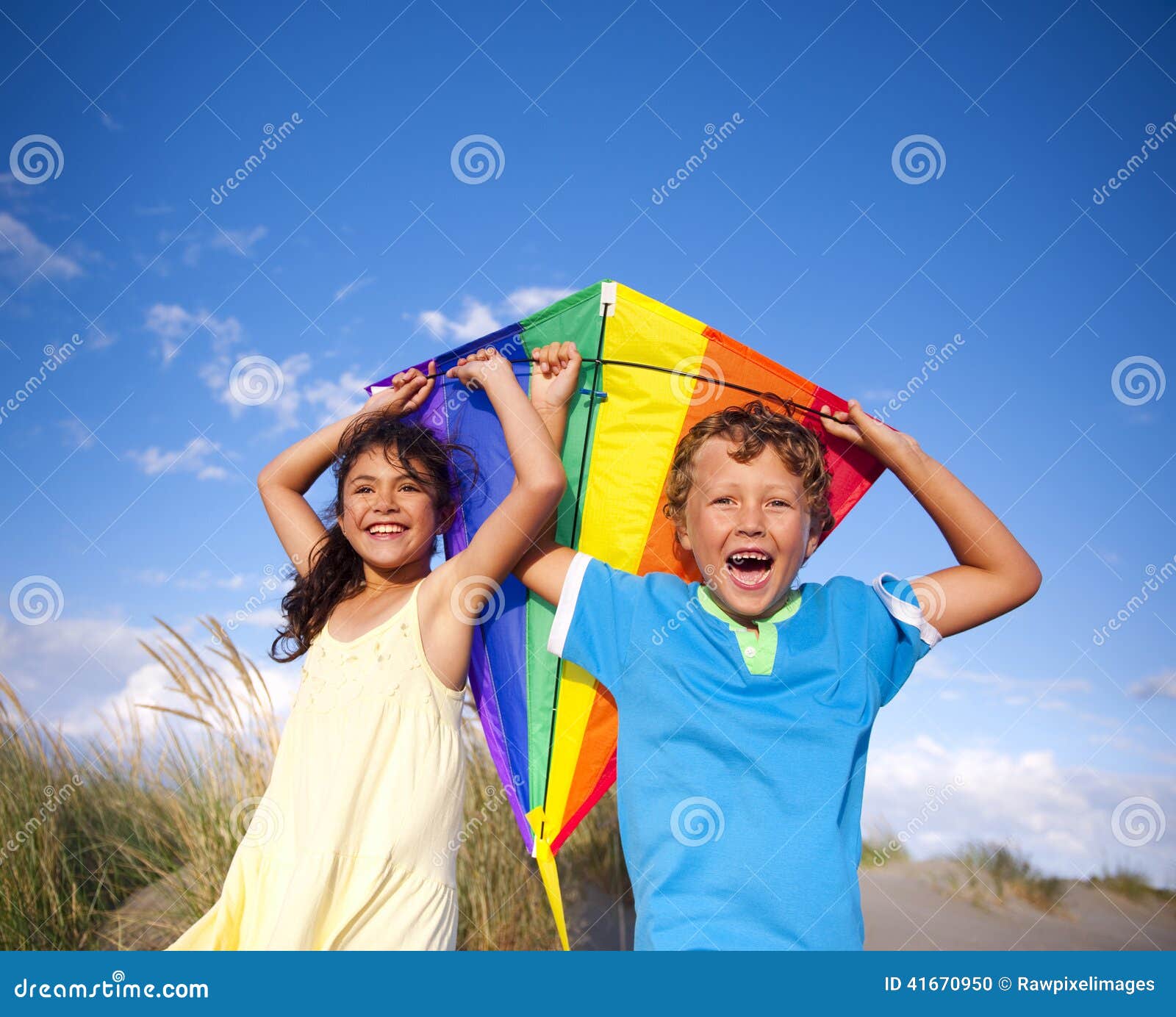 Cheerful Children Playing Kite Outdoors Stock Photo - Image of cheerful ...