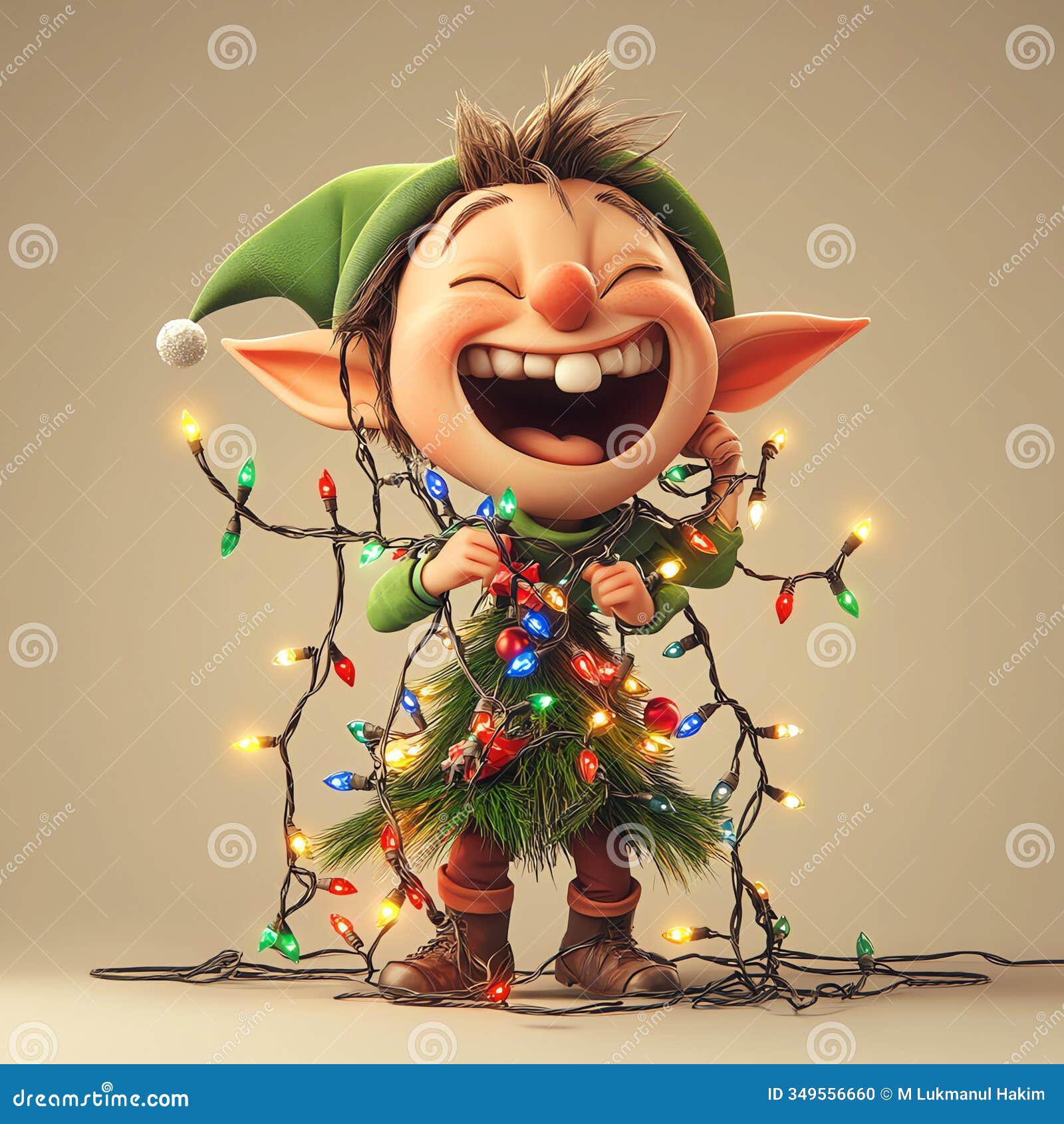 Cheerful Christmas Elf Tangled in Christmas Lights Stock Photo - Image ...